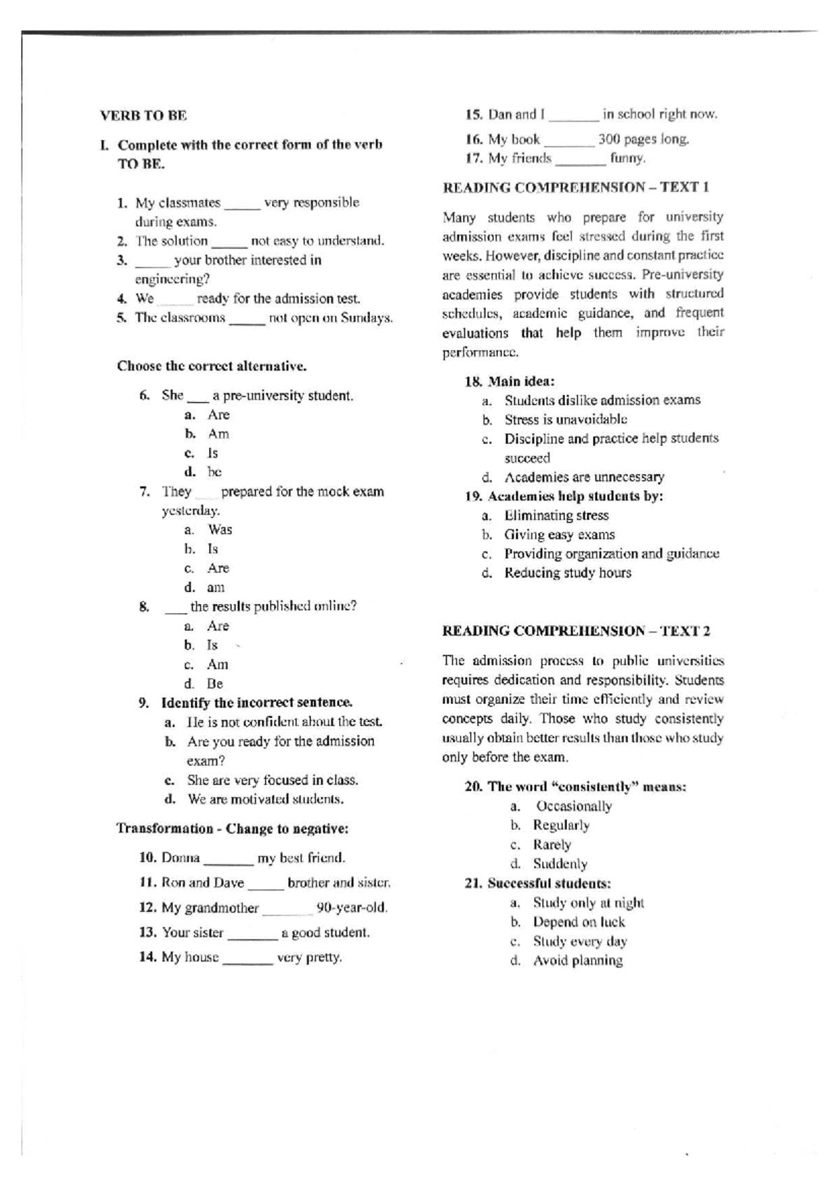 VERB TO BE: Reading Comprehension & Admission Exam Prep - Studocu
