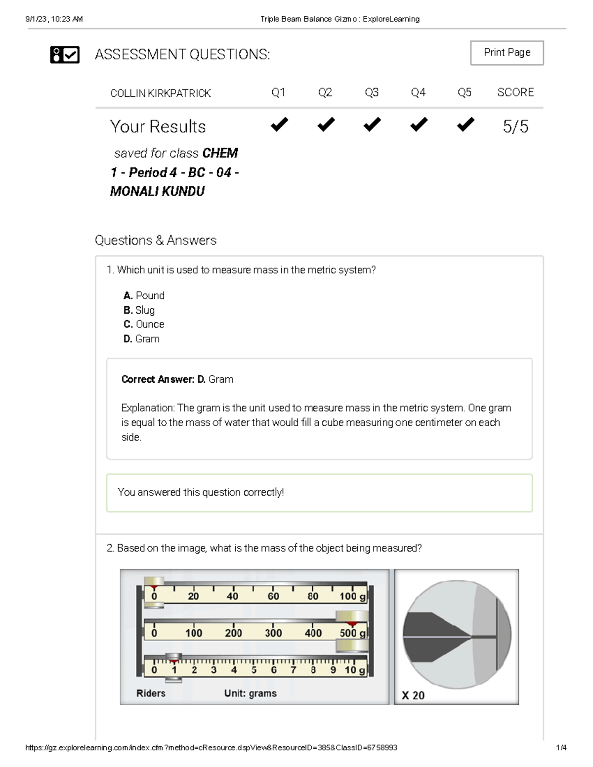 Triple Beam Balance Gizmo Explore Learning - ASSESSMENT QUESTIONS ...