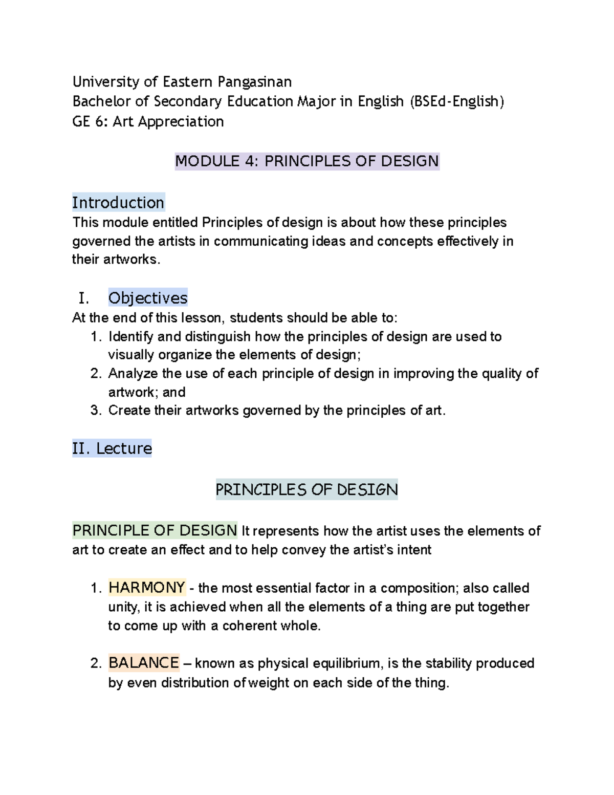 GE 6 ART Appreciation Module 4 Principles OF Design - University of ...