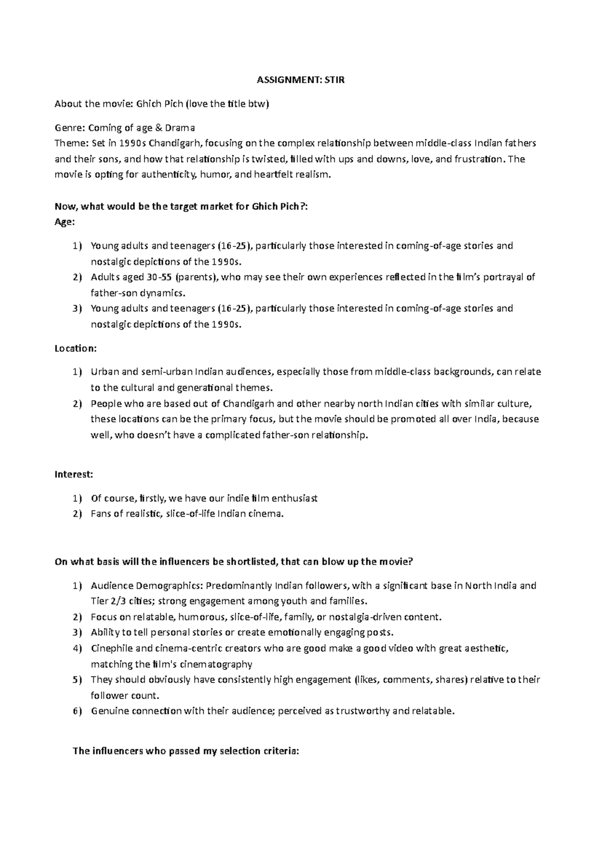 ASSIGNMENT: STIR - Target Market & Influencer Strategy for Ghich Pich ...