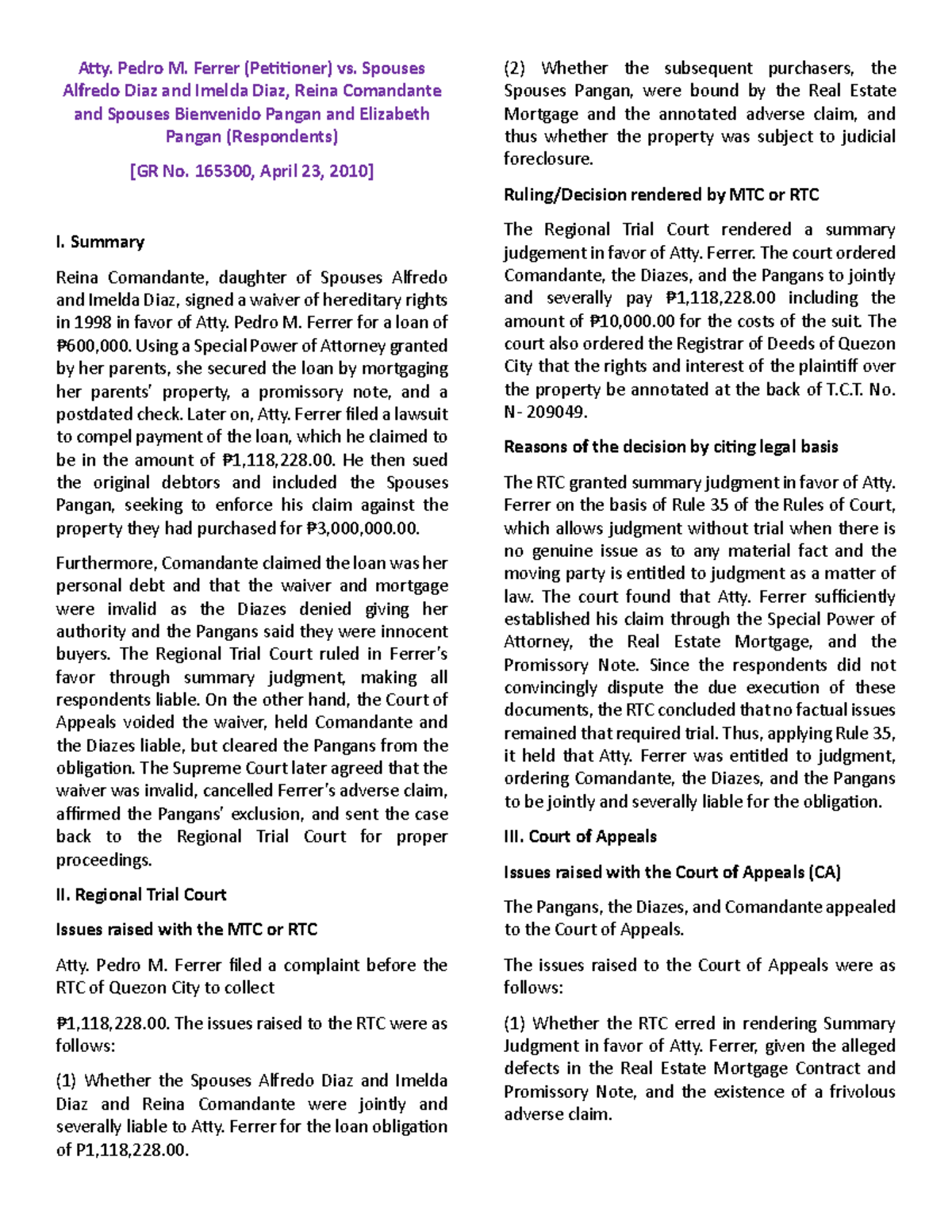 Case Study: Atty. Pedro M. Ferrer vs. Spouses Diaz and Pangan (G.R. No ...