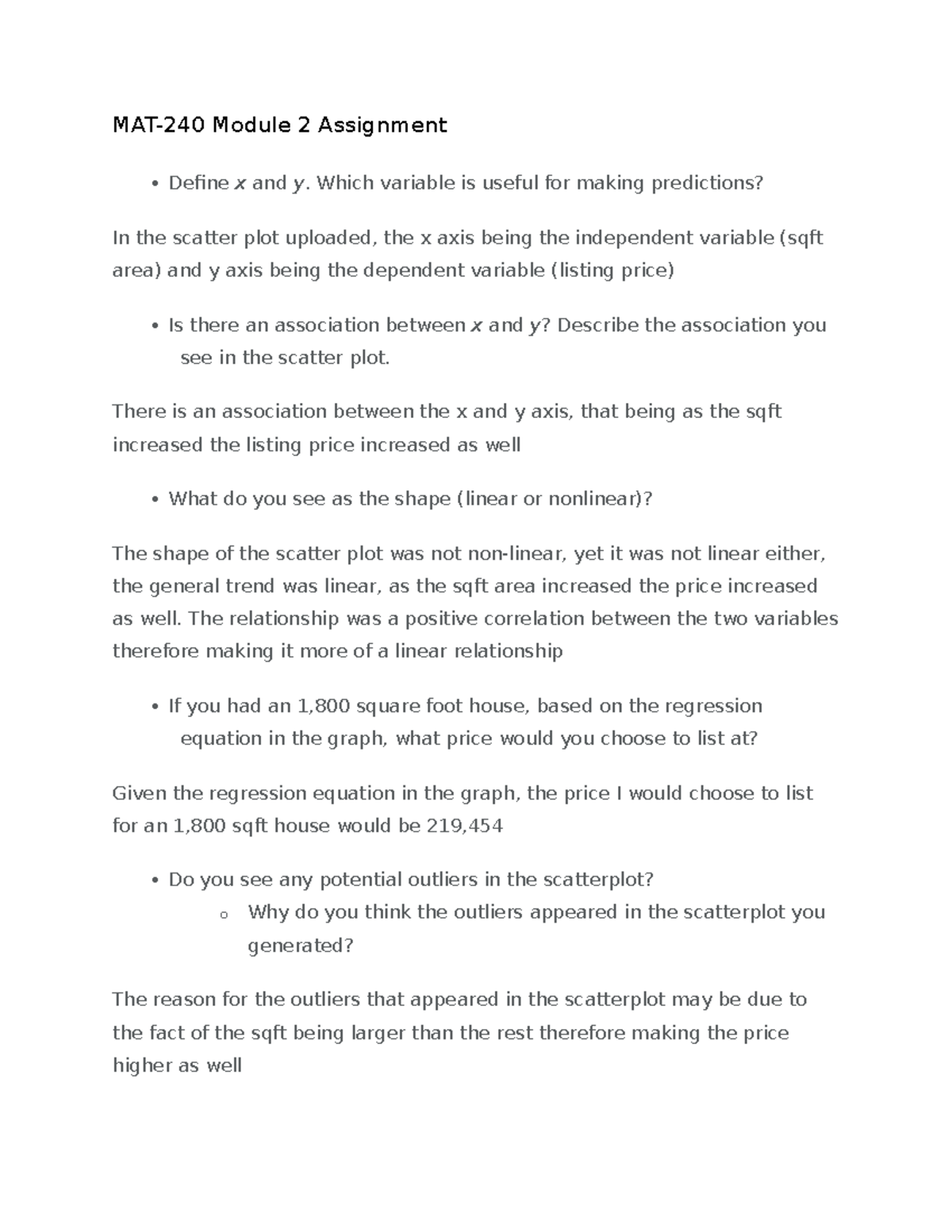 MAT-240 Module 2 Assignment: Analysis of Scatter Plot Data - Studocu