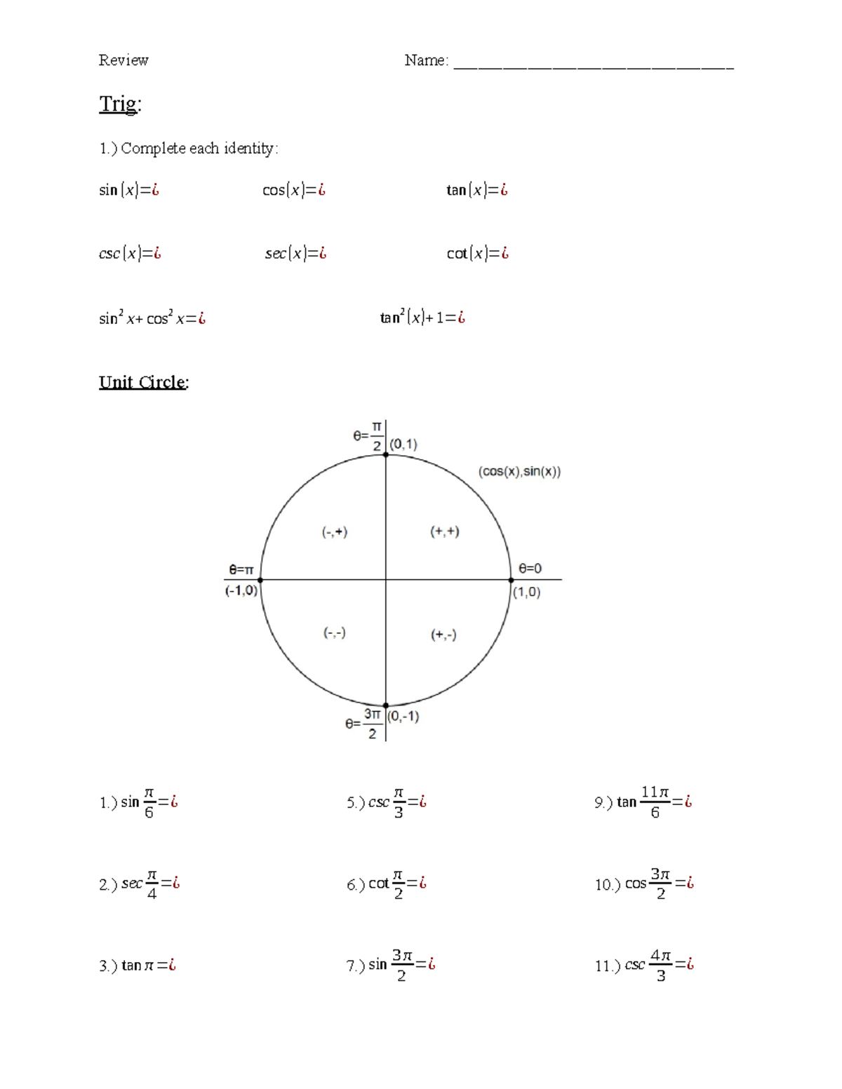 Calculus Review: Trig Identities, Limits & Derivatives (MATH 101) - Studocu