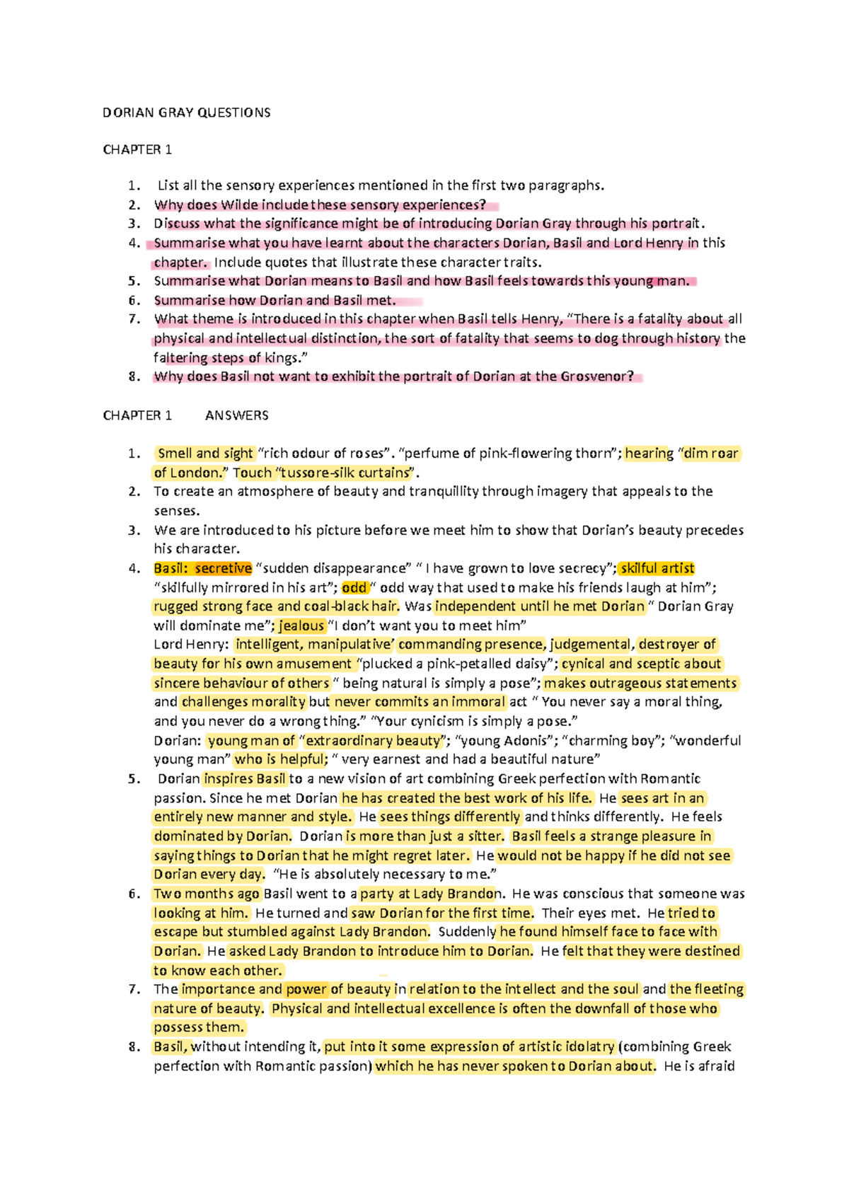 Dorian Gray Study Guide - Combined Questions for Chapters 1-12 - Studocu