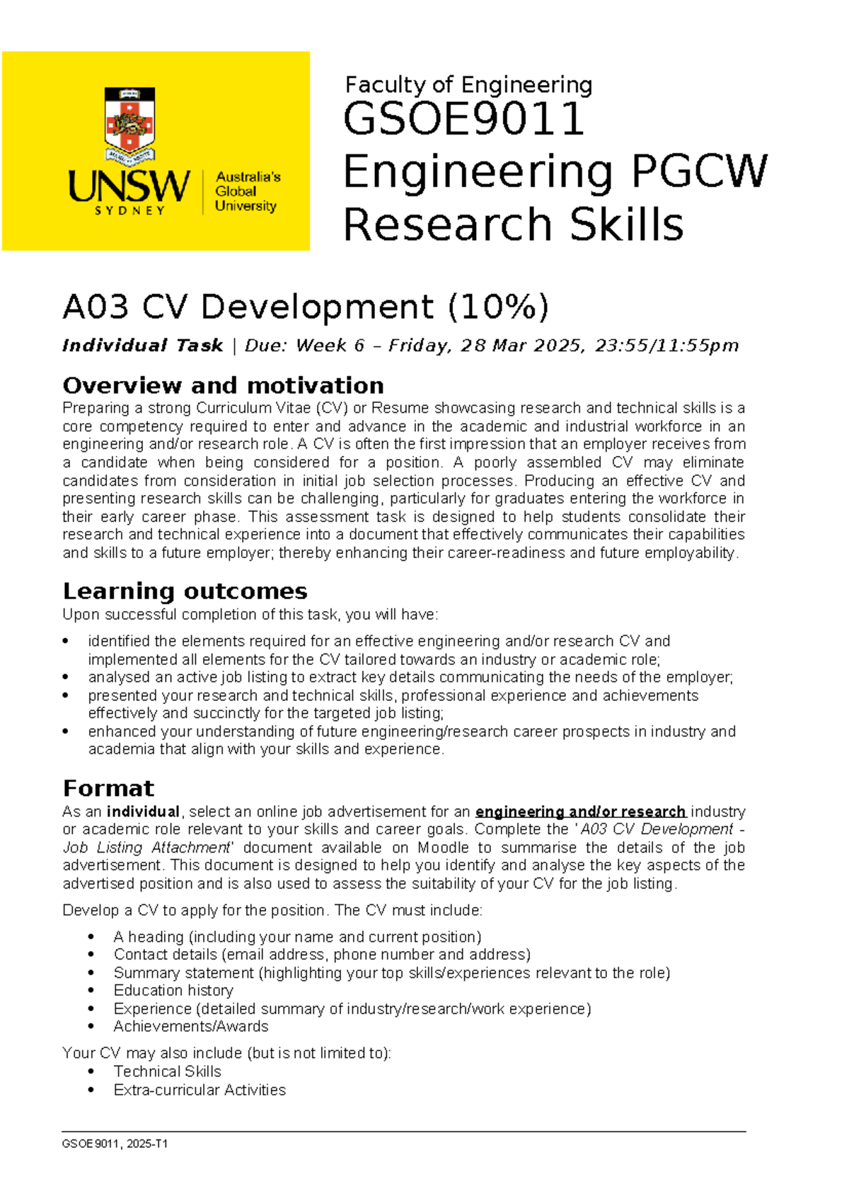 GSOE9011 A03 CV Development Guide for Engineering Research Roles - Studocu