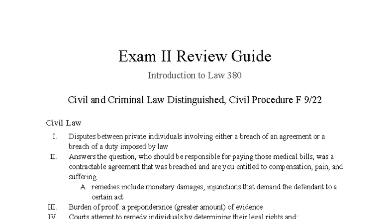 Exam II Review Guide: Intro to Law 380 - Civil & Criminal Law - Studocu