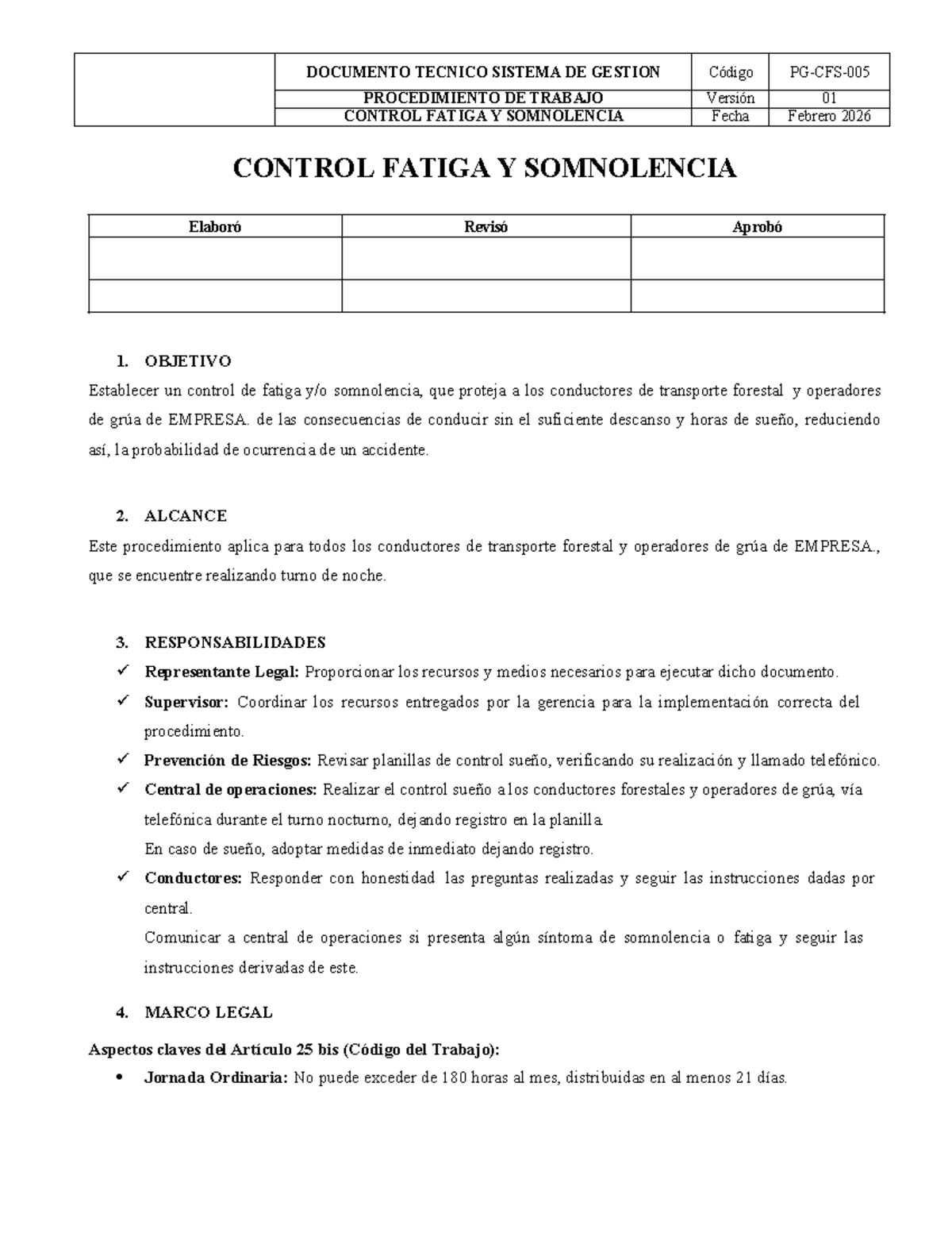 PG-CFS-005 Procedimiento de Control de Fatiga y Somnolencia - Studocu