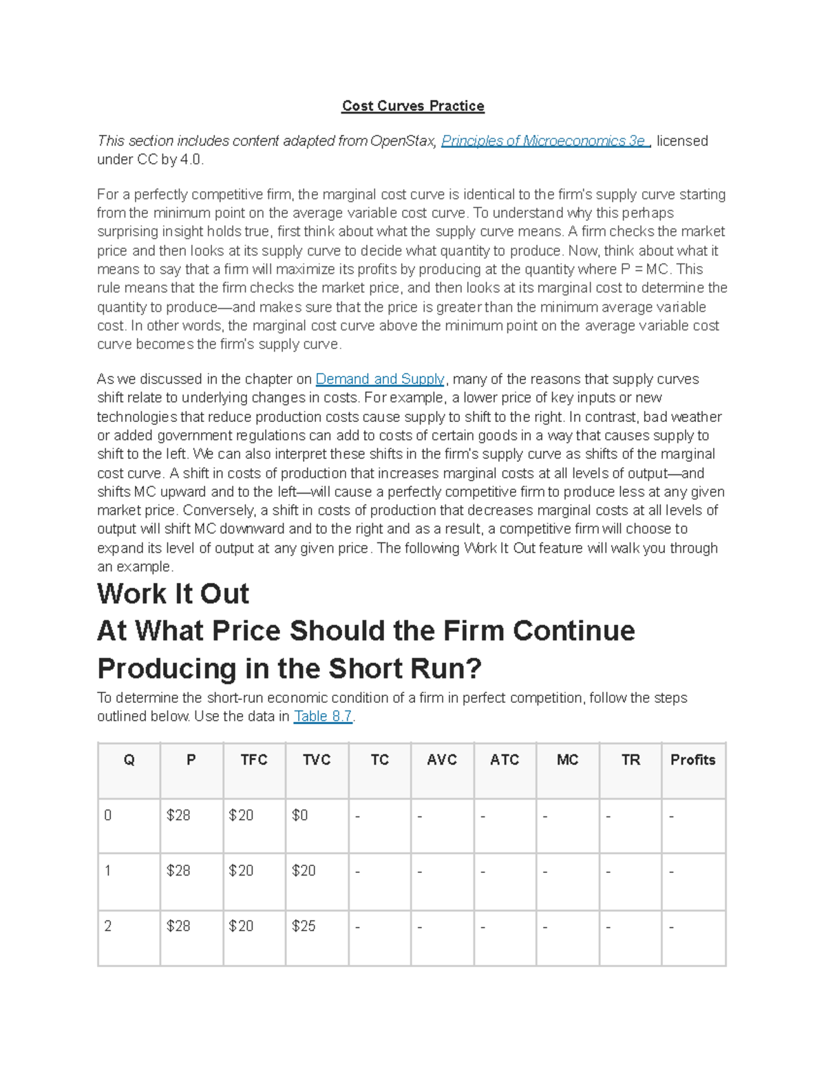Principles of Microeconomics 3e: Cost Curves Practice Analysis - Studocu