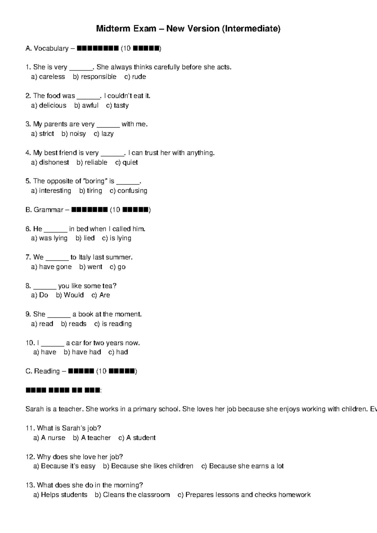 Midterm Exam (INT) Vocabulary, Grammar, and Reading Practice - Studocu
