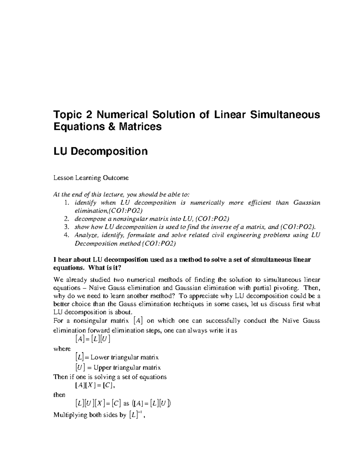LU Note - Topic 2 Numerical Solution of Linear Simultaneous Equations ...