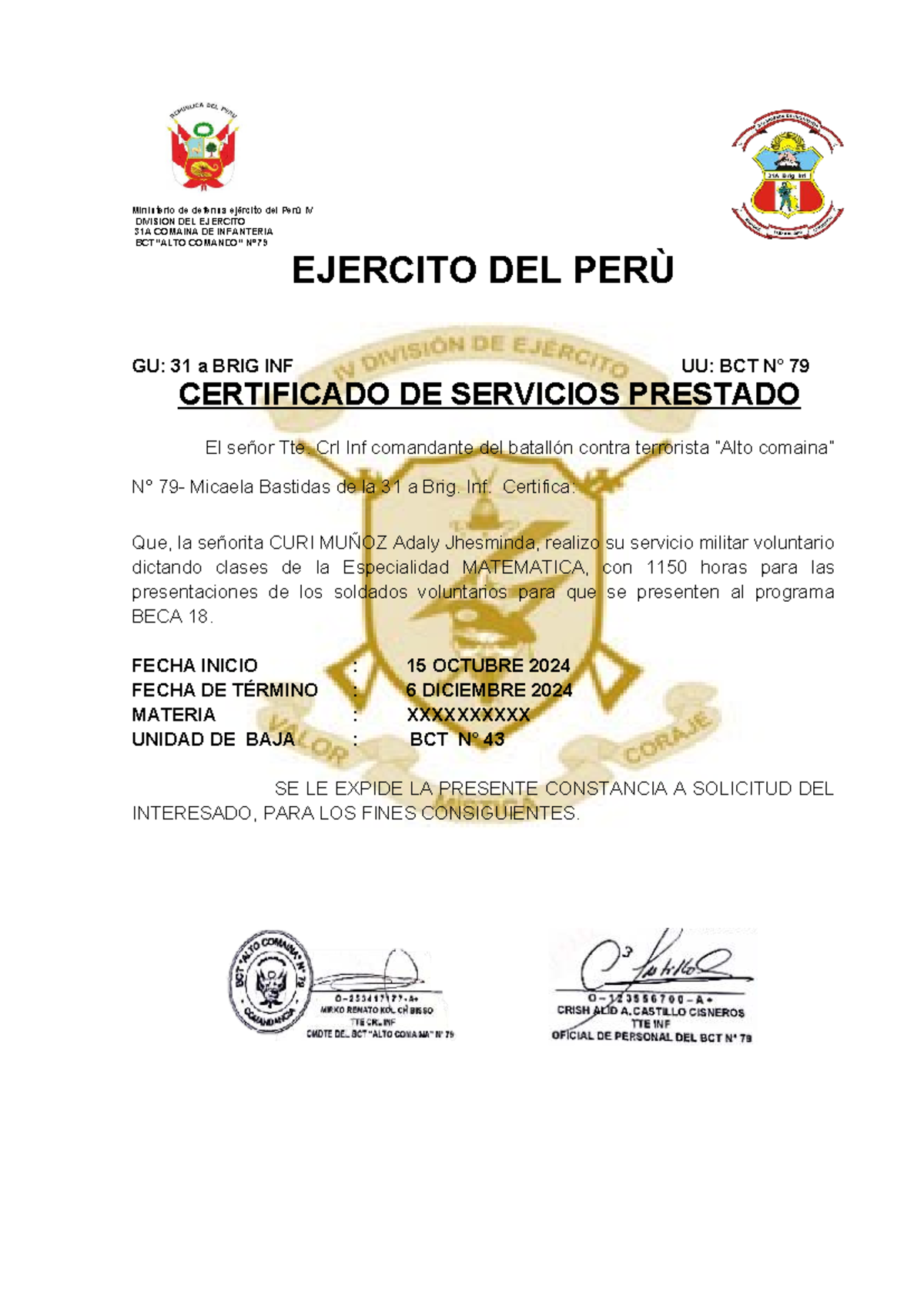 Certificado de Servicios Prestados - 31a Brig Inf BCT 79, Perú - Studocu