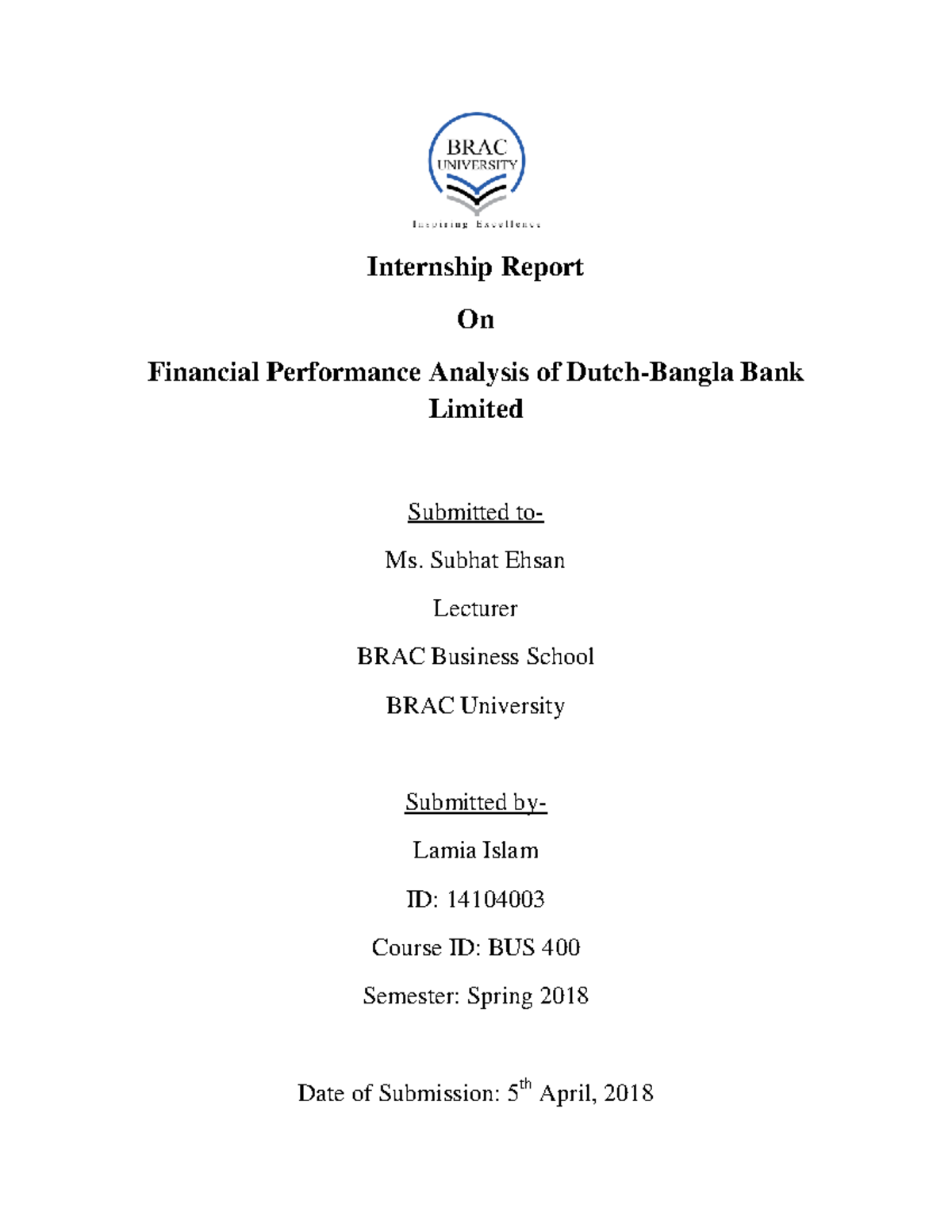 Internship Report: Financial Performance Analysis of Bank Limited (BUS ...