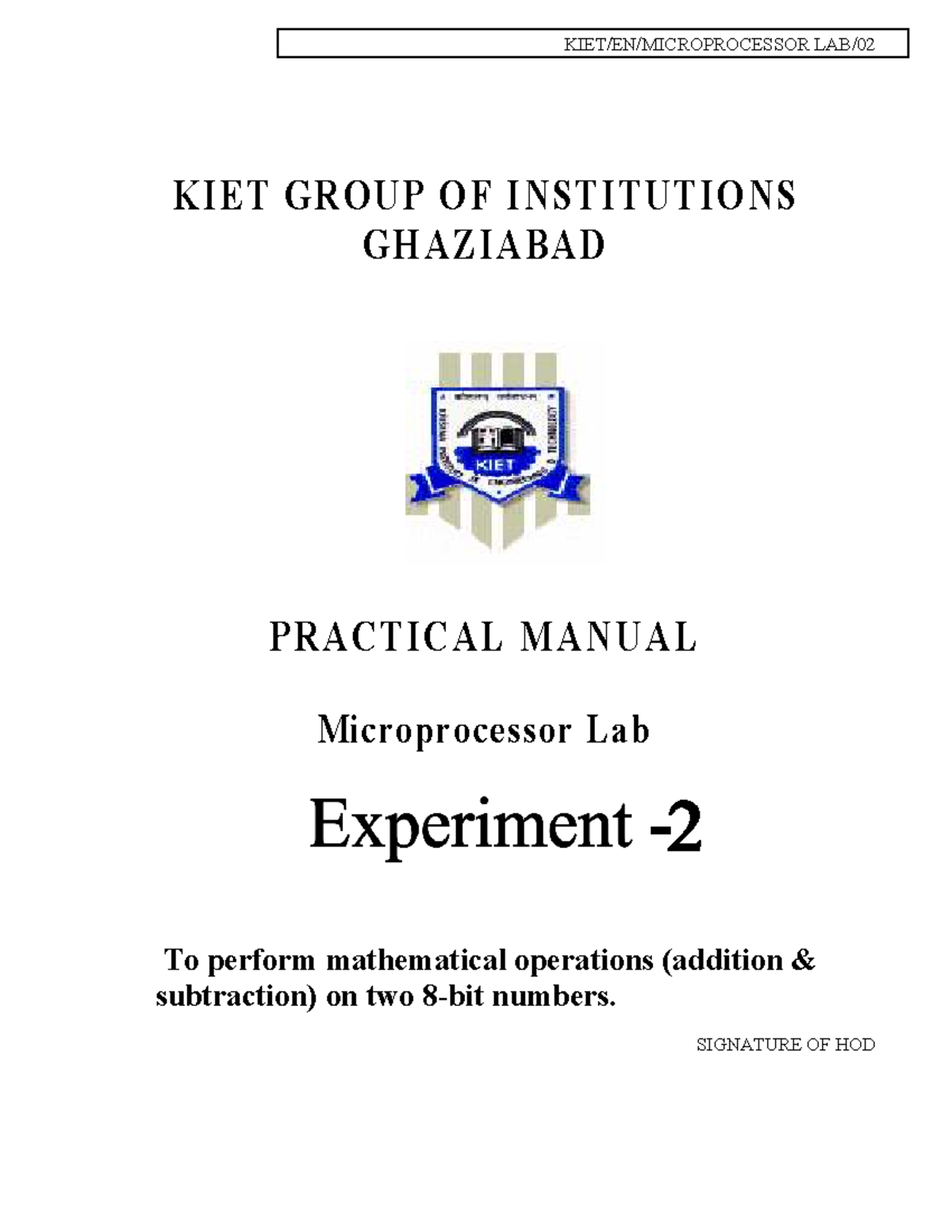 Microprocessor Lab Practical No. 2: Mathematical Operations (Exp 02 ...