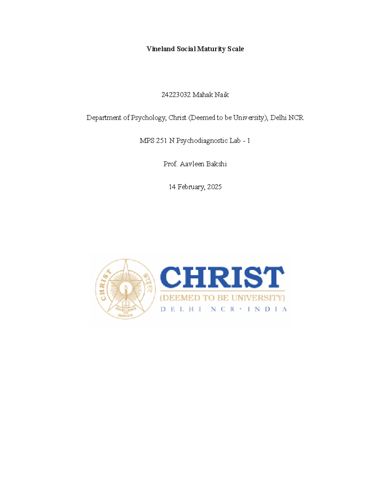 VSMS Report - VSMS PRACTICAL 2, VINELAND SOCIAL MATURITY SCALE ...