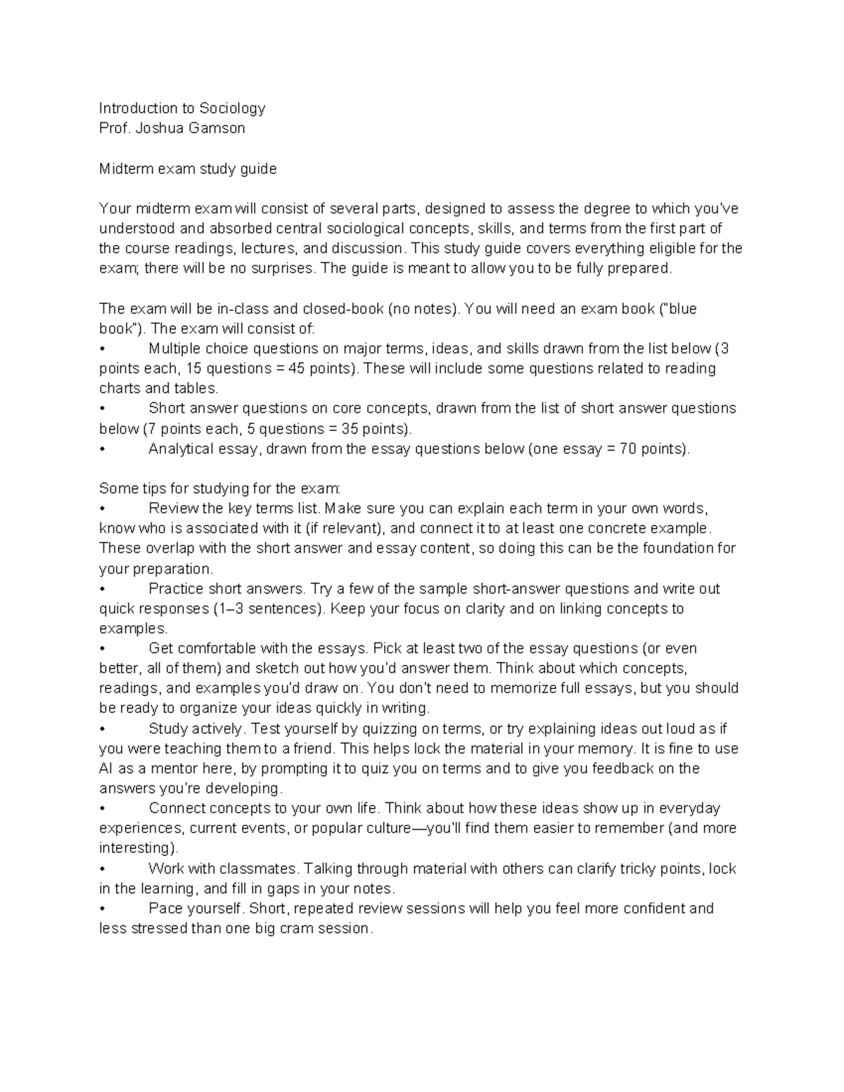 Introduction to Sociology: Midterm Exam Study Guide (SOC 101) - Studocu