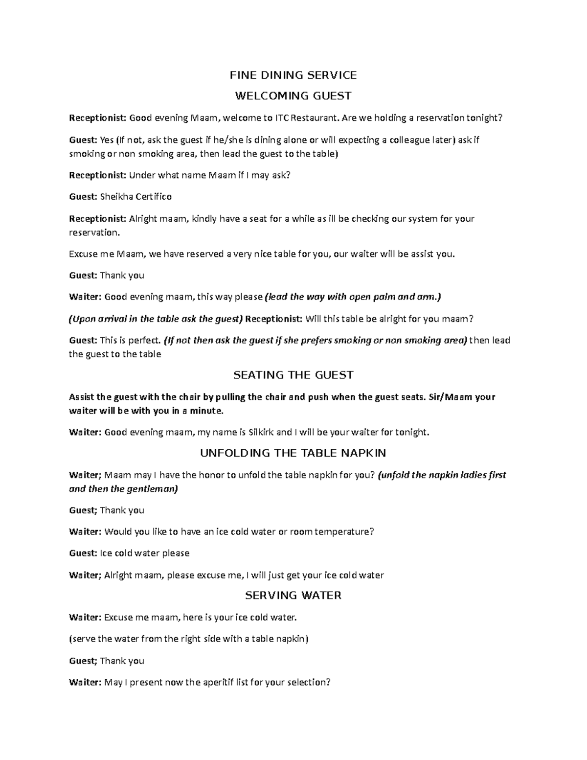 FBS Script: Fine Dining Service Procedures and Guest Interaction - Studocu