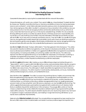 ENG 130 Module One Reading Response - Choose the text you will use for your project. Then ...