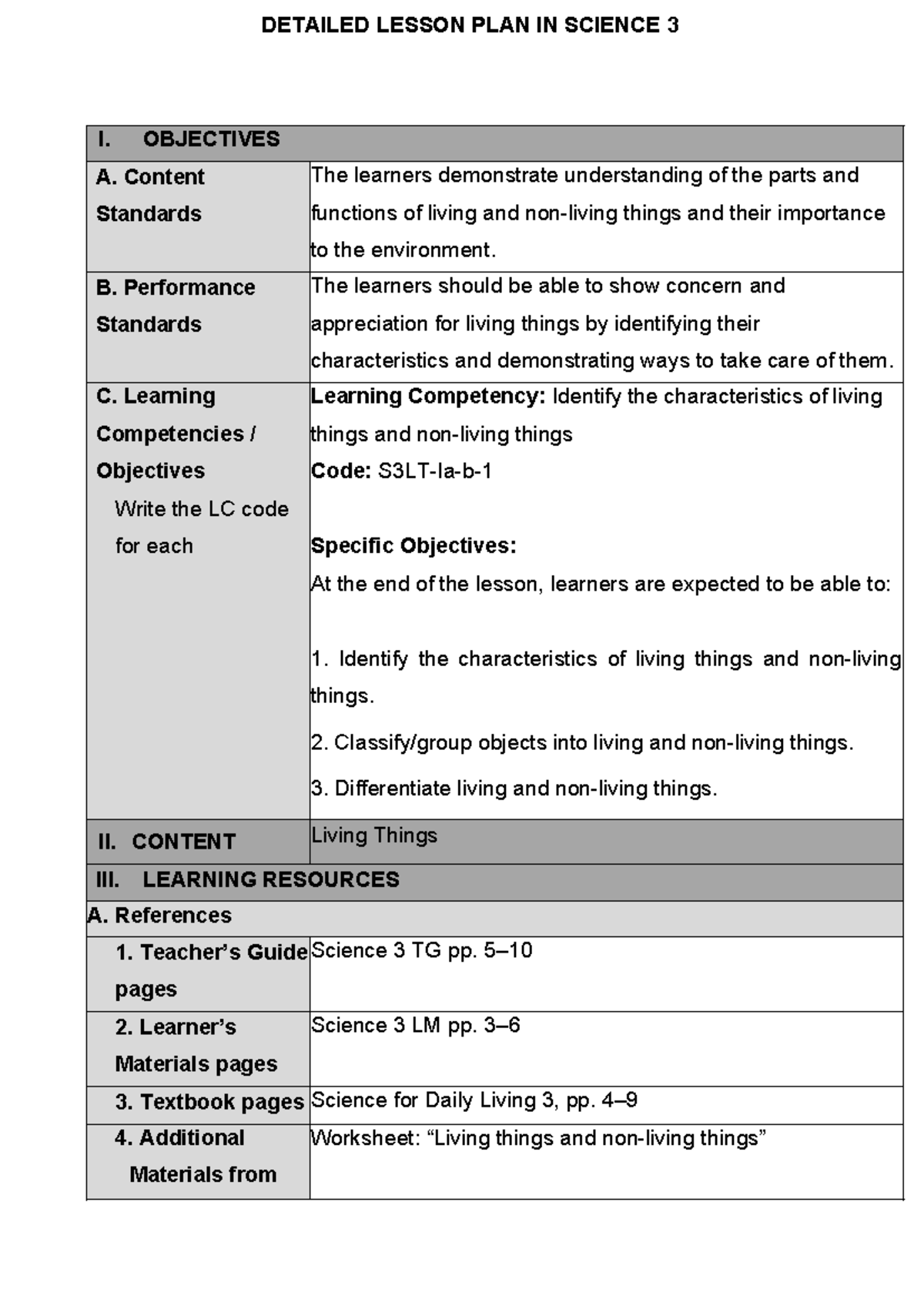 LP Grade 3 Science: Detailed Lesson Plan on Living Things - Studocu
