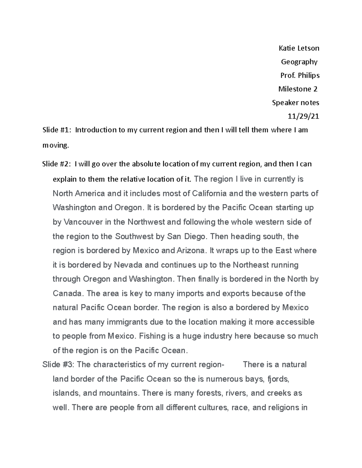 Geography Milestone 2 Speaker Notes: Understanding My Regions - Studocu