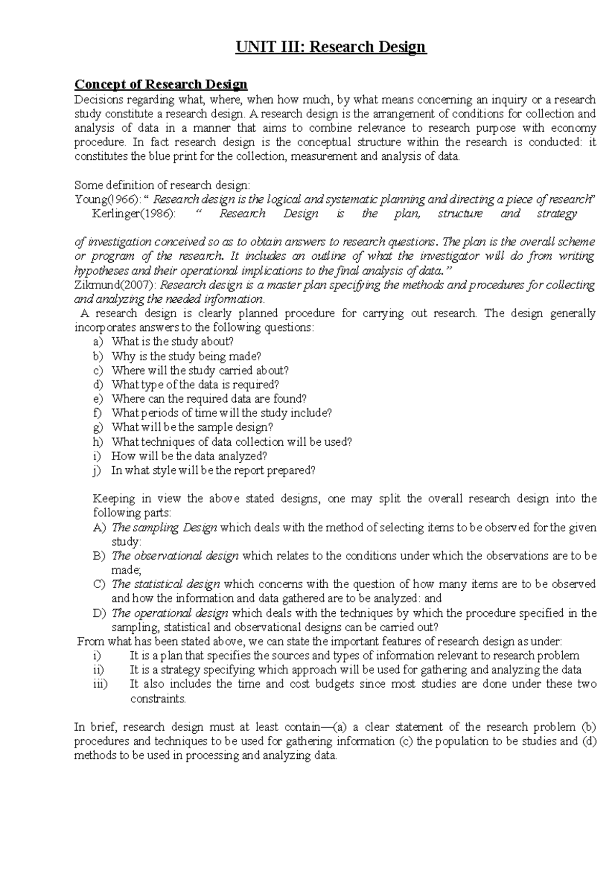 Unit II Research Design Overview and Key Components - Studocu