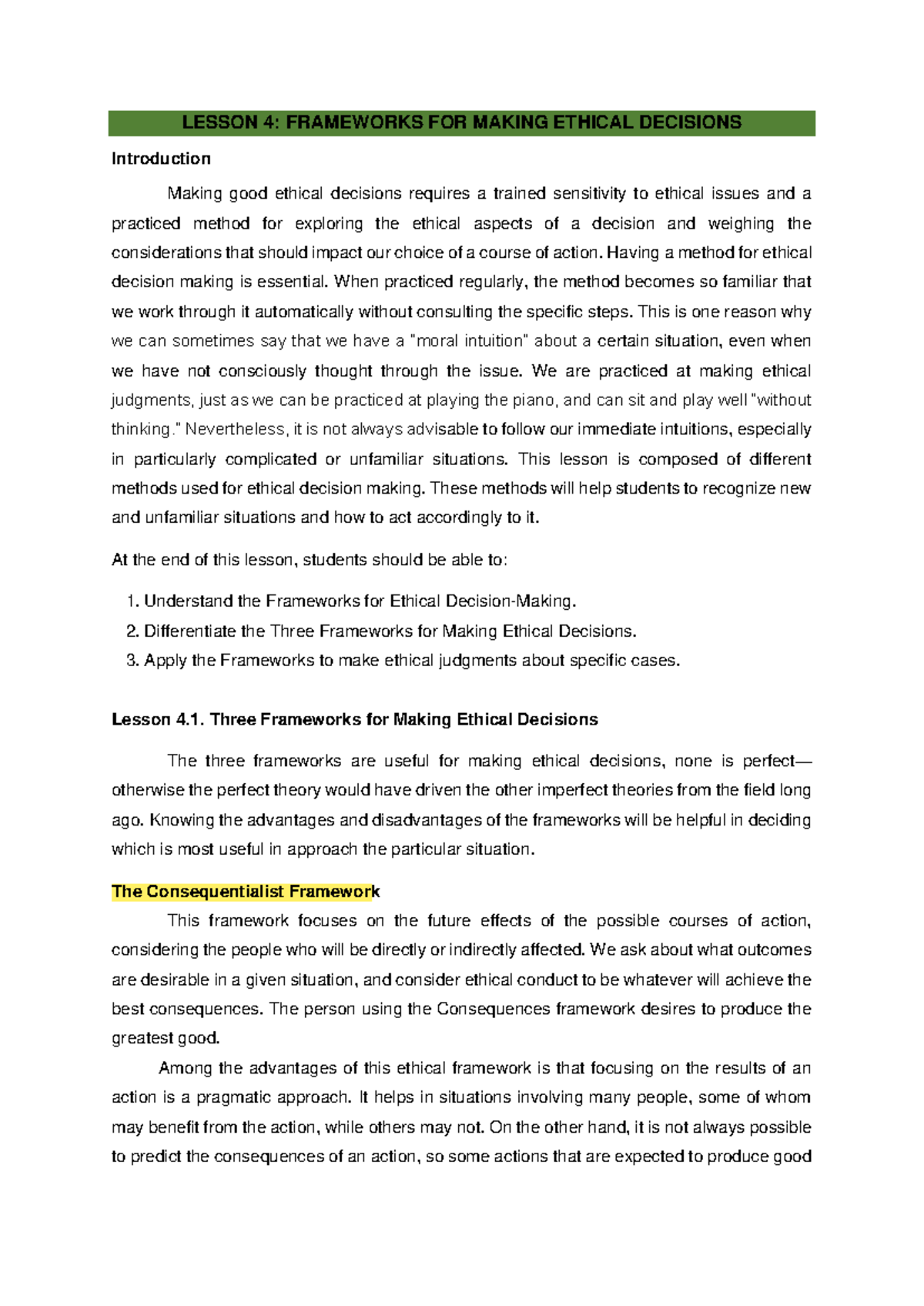 Frameworks for Ethical Decision-Making - Lesson 4 Notes - Studocu