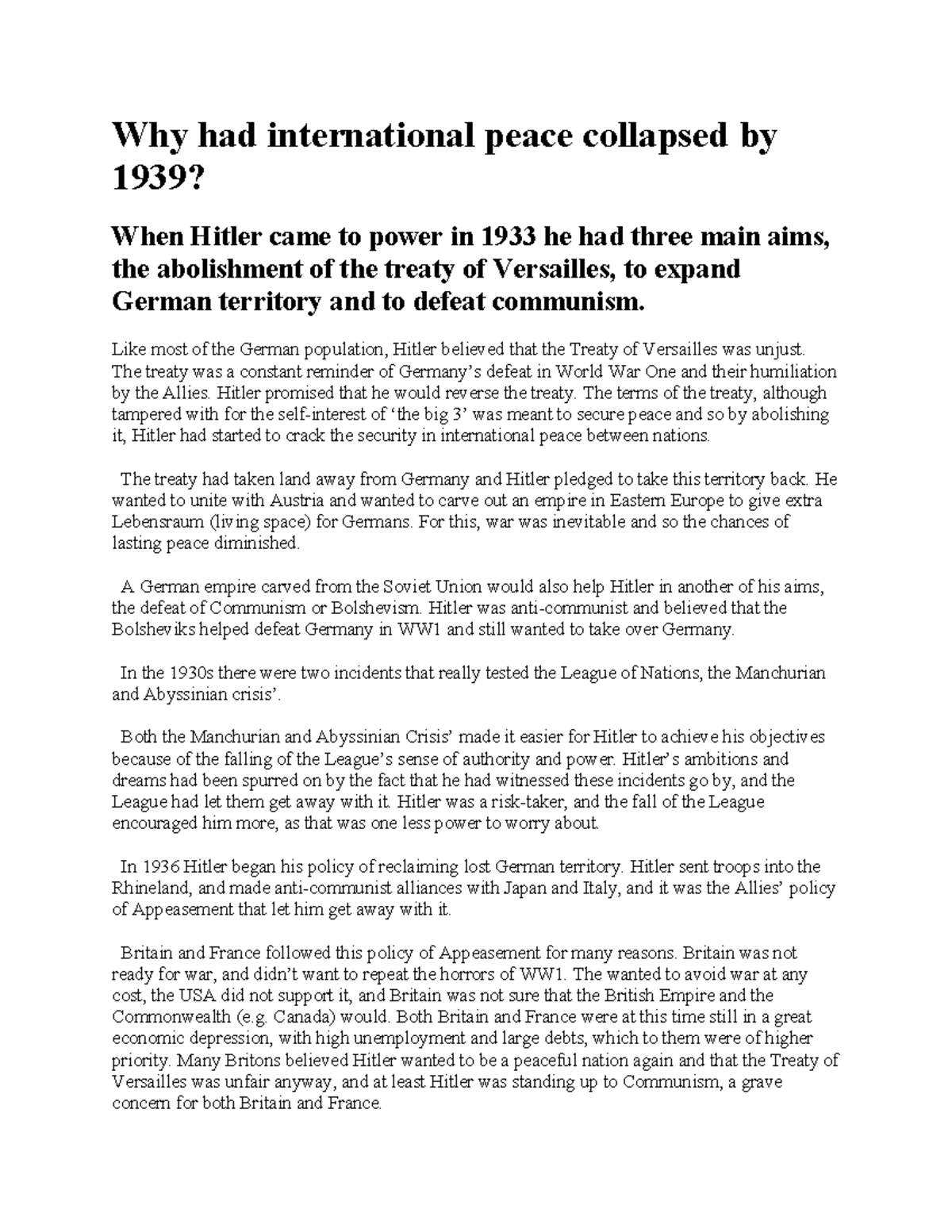 International Peace Collapse by 1939: Causes and Consequences [HIST 101 ...