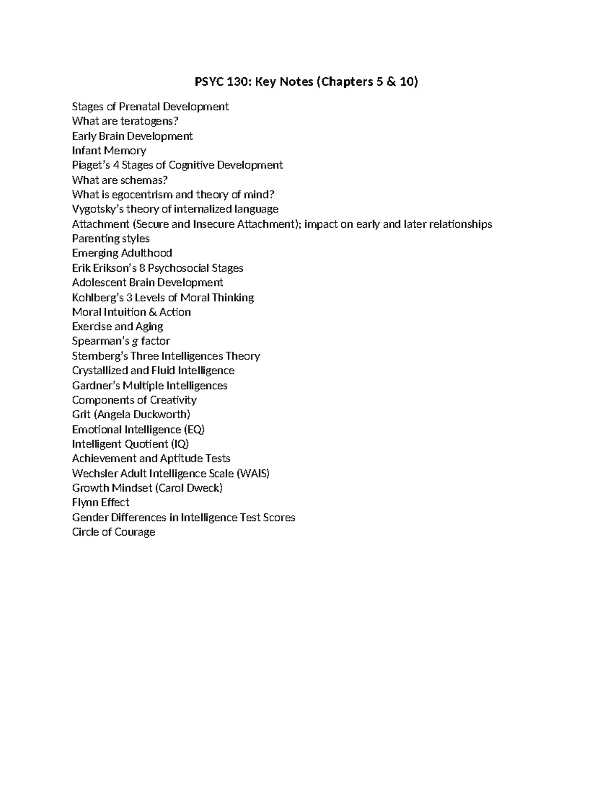 PSYC 130: Key Notes on Prenatal Development & Cognitive Stages - Studocu