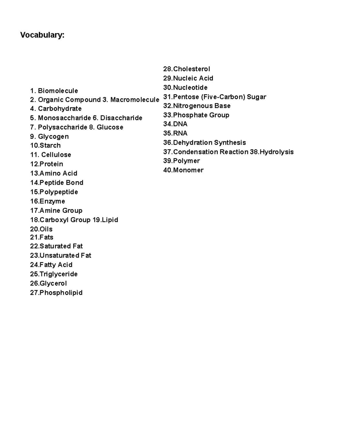 Biomolecules Vocabulary Flashcards for Biology Study - Vocabulary: 1 ...