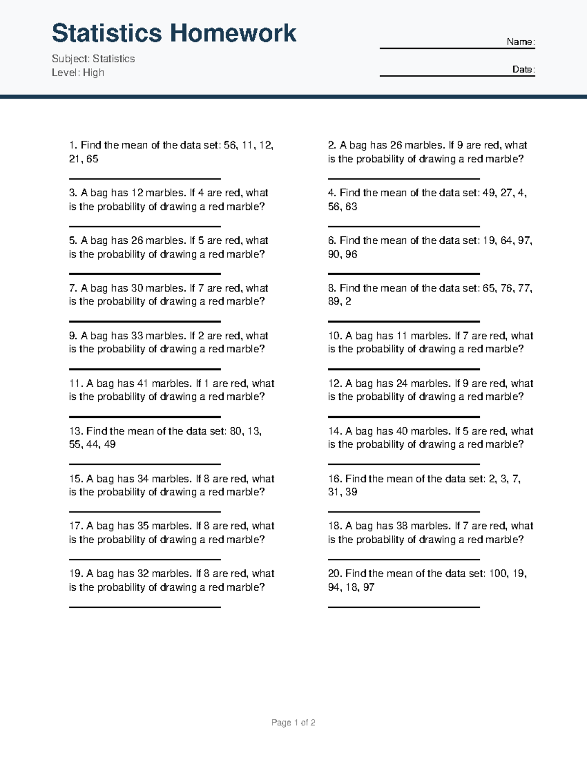 Statistics Homework 10: Mean & Probability Problems - Studocu