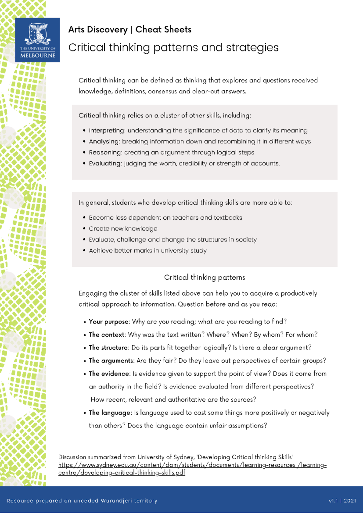 Arts Discovery Critical Thinking Strategies 2 - ESLA10003 - Melbourne ...