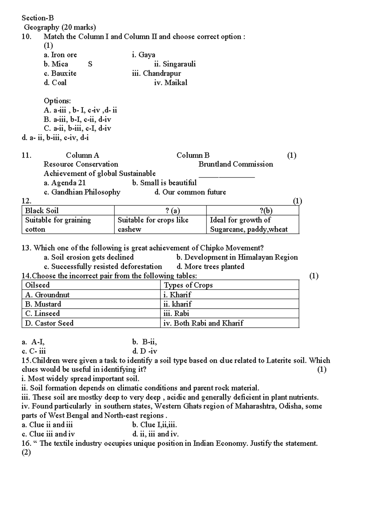 Geography Quiz (20 Marks) - Resource Conservation & Soil Types - Studocu
