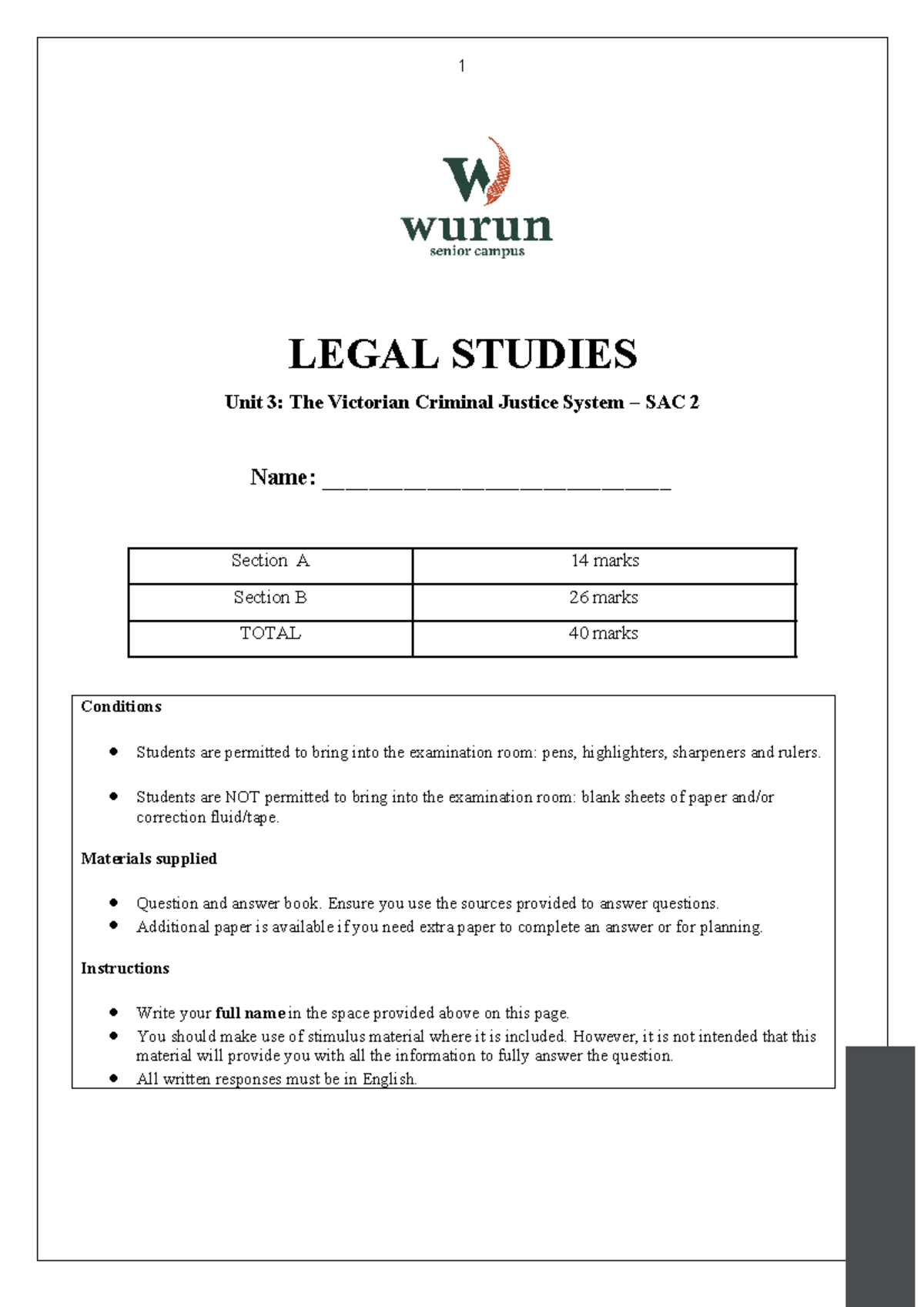 AOS1 SAC 2 2024: The Victorian Criminal Justice System Exam - Studocu