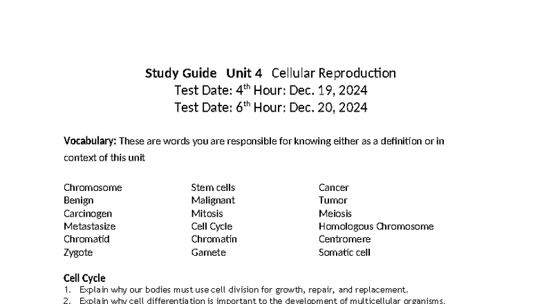Study Guide Unit 4: Cellular Reproduction & Cancer Concepts 2024 - Studocu
