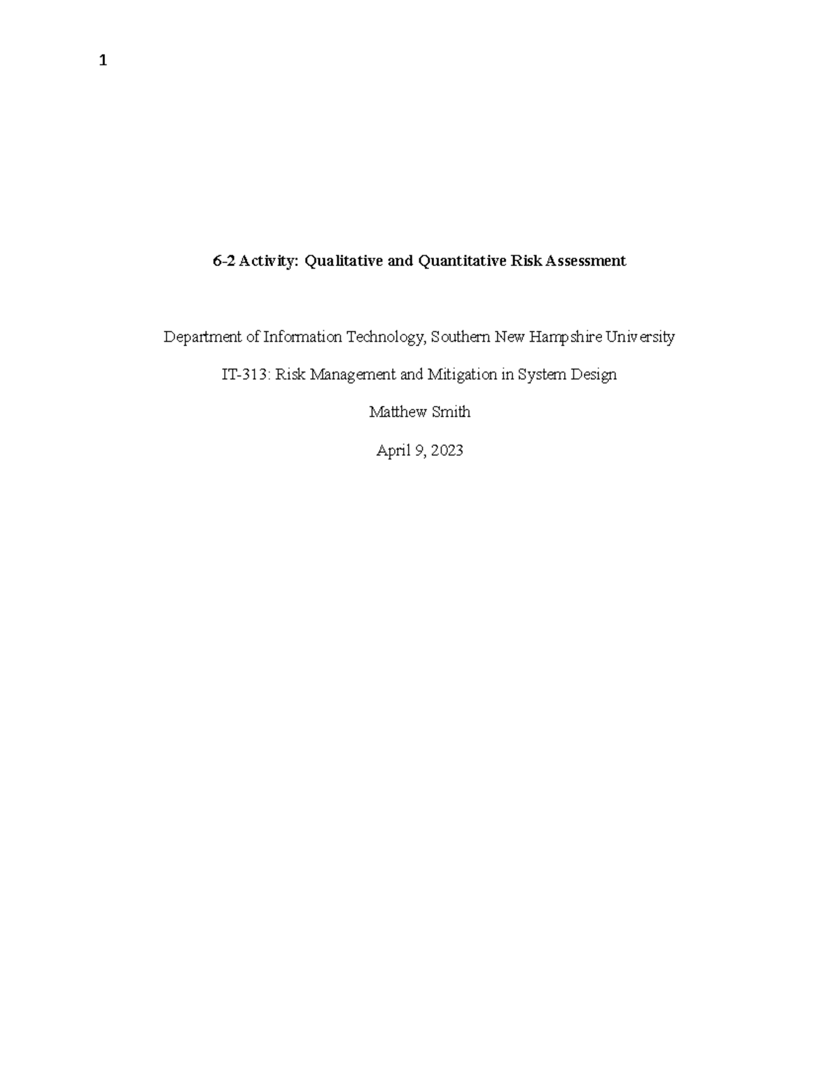 IT 313: Activity 6-2 - Qualitative & Quantitative Risk Assessment - Studocu