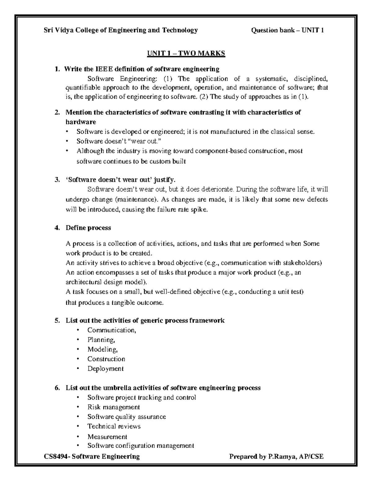 SE unit 1 - NOTES - UNIT 1 – TWO MARKS Write the IEEE definition of ...
