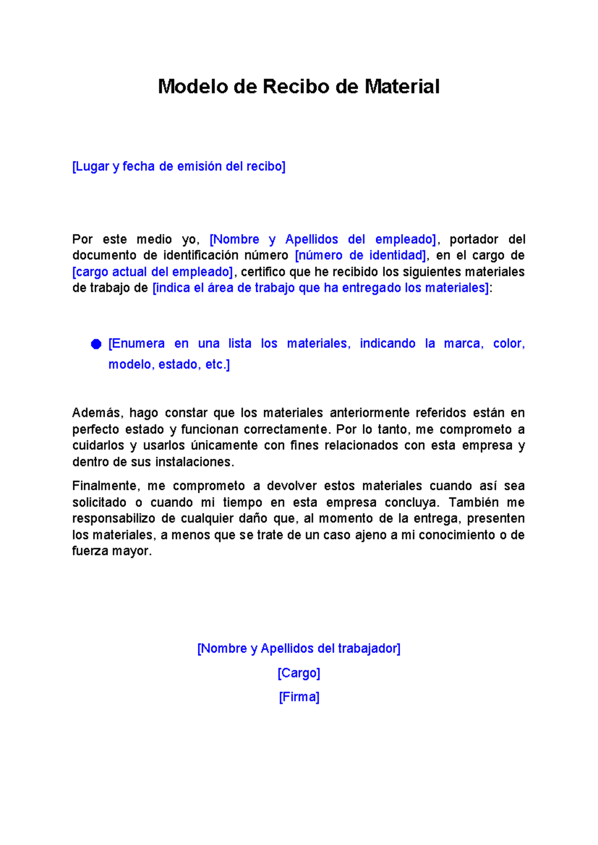 Modelo de Recibo de Material en Word - Formato Estándar - Studocu