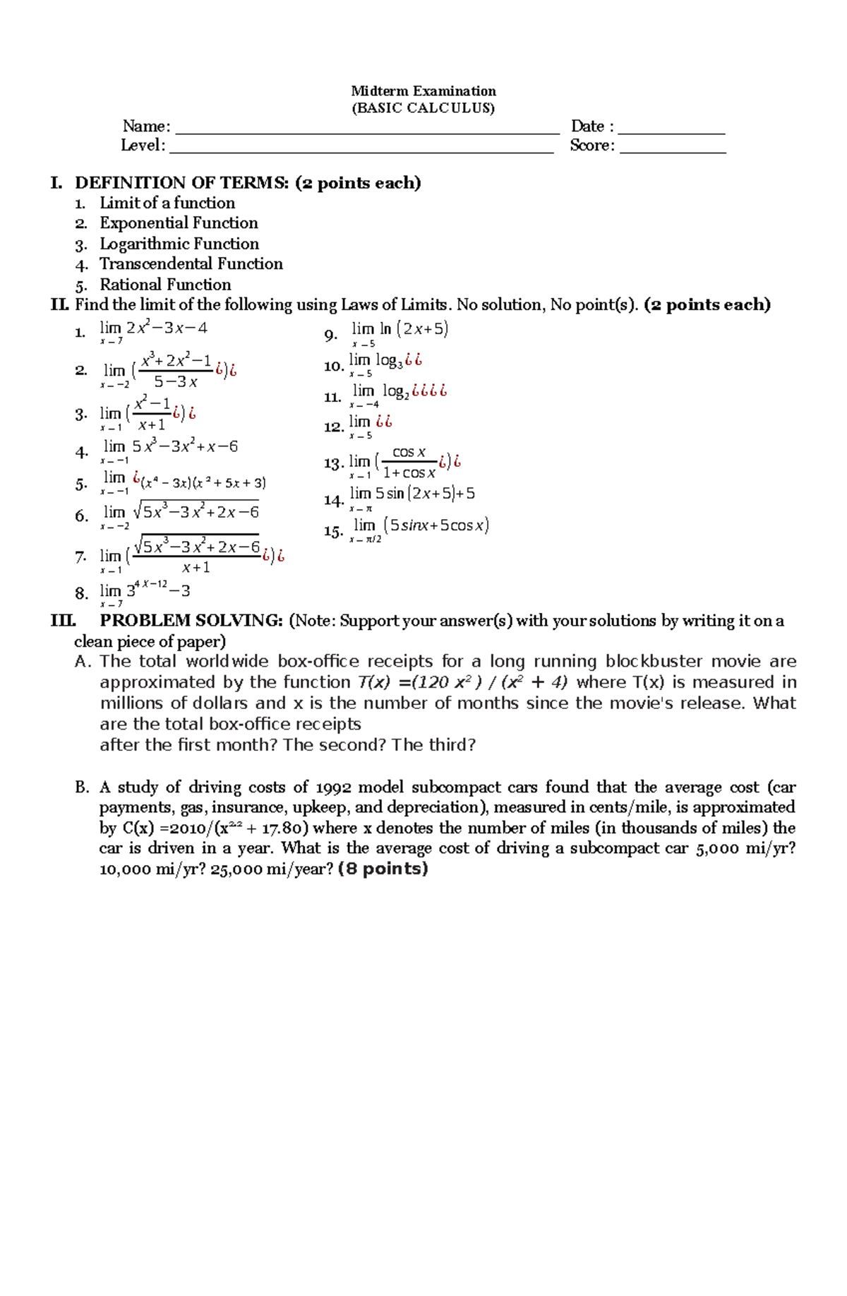 Basic Calculus( Midterm) 2023-2024 - Midterm Examination (BASIC CALCULUS) Name: - Studocu