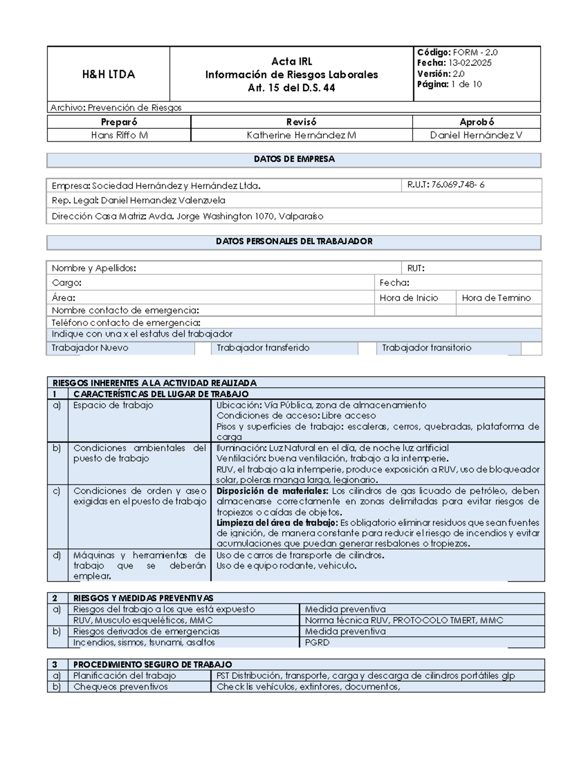 Acta IRL de Información de Riesgos Laborales - LTDA Código: FORM 2.0 ...
