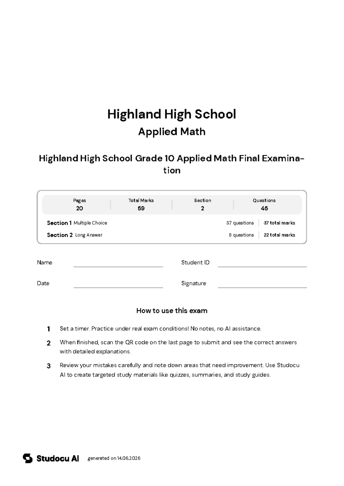Grade 10 Applied Math Final Exam - Highland High School - Studocu