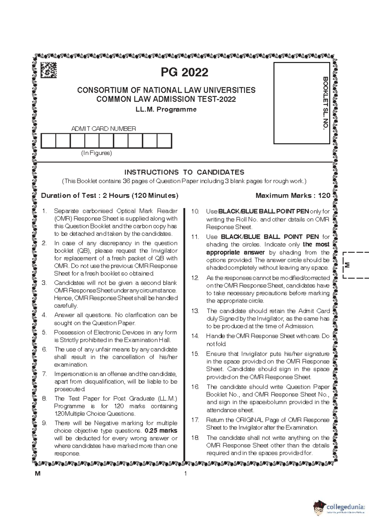 CLAT PG 2022 - Previous Year Question Paper and Instructions - Studocu