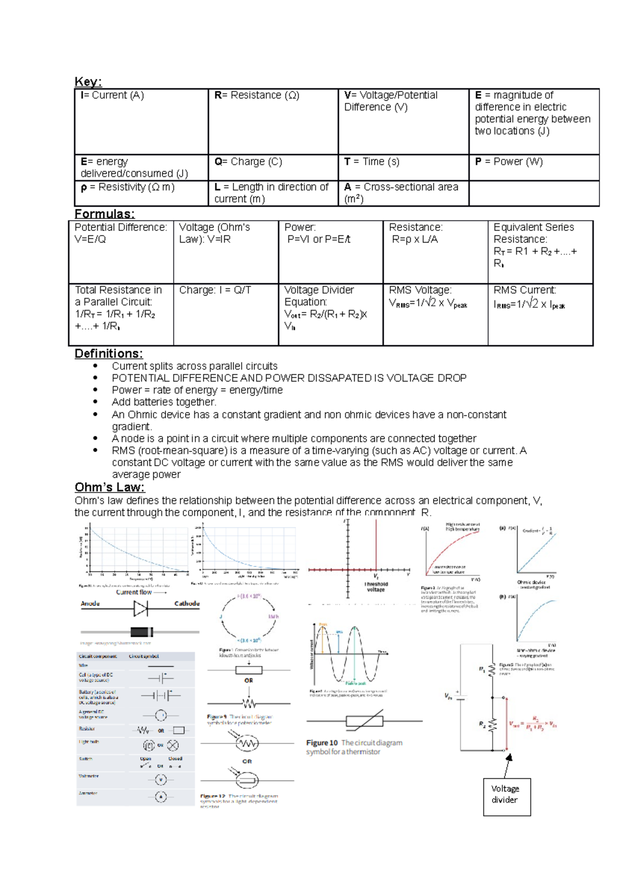 Circuit Cheat Sheet: Key Formulas & Definitions for Physics 101 - Studocu