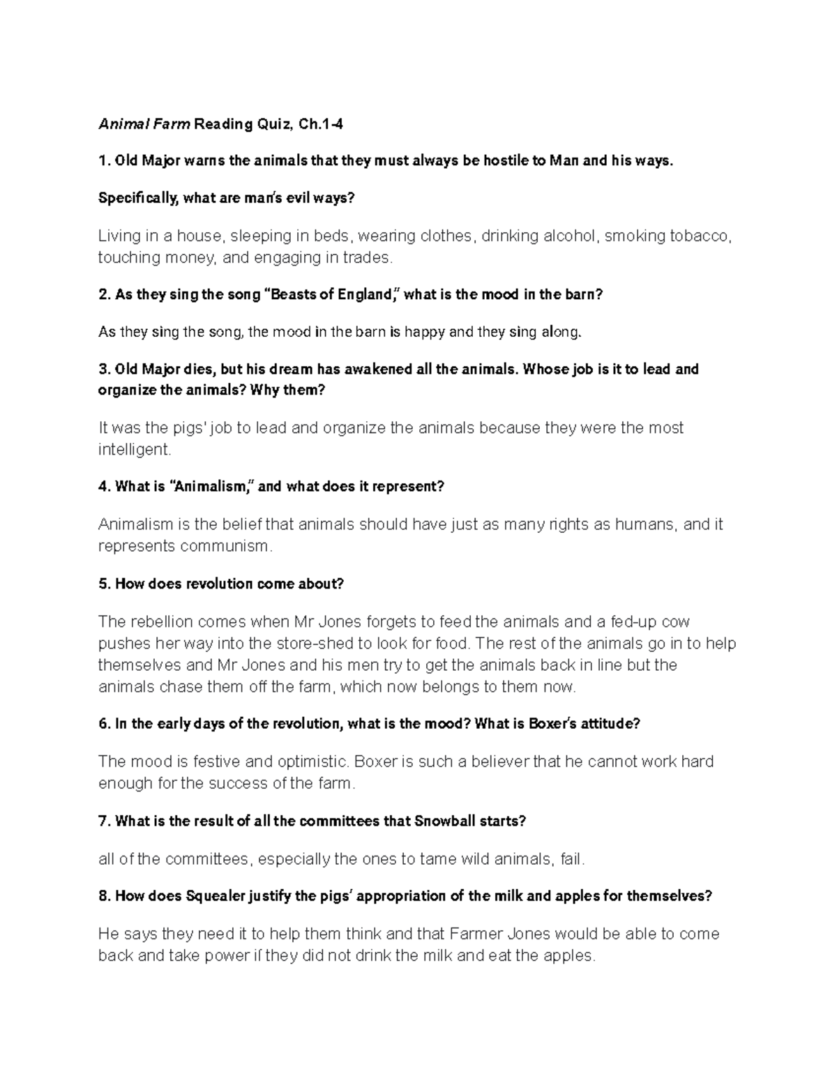 Animal Farm Reading Quiz, Ch 1-8: Key Themes & Events Analysis - Studocu