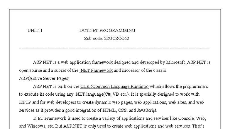 DOTNET PROGRAMMING - Unit 1 Notes (22UCSCC62) on ASP.NET Framework ...
