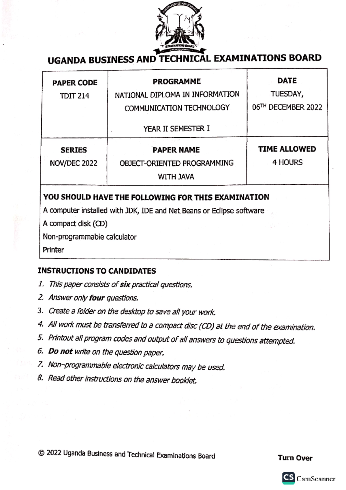 TDIT 214 Final Exam: Object Oriented Programming with Java Past Paper 2022 - Studocu