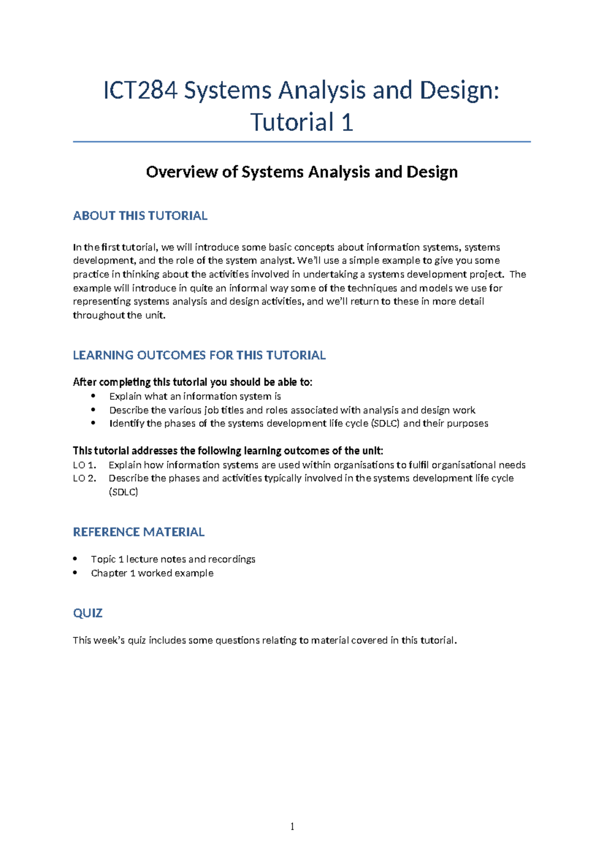 ICT284 Tutorial 1: Intro to Systems Analysis and Design Concepts - Studocu