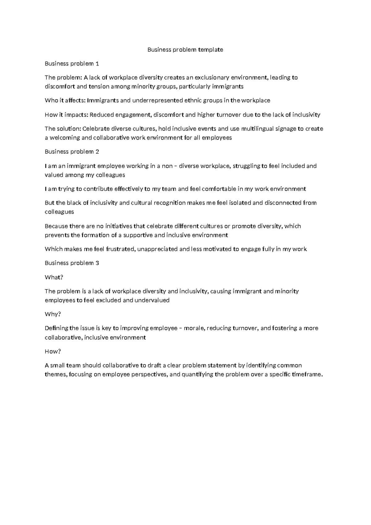 Business Problem Template: Addressing Workplace Diversity Issues - Studocu