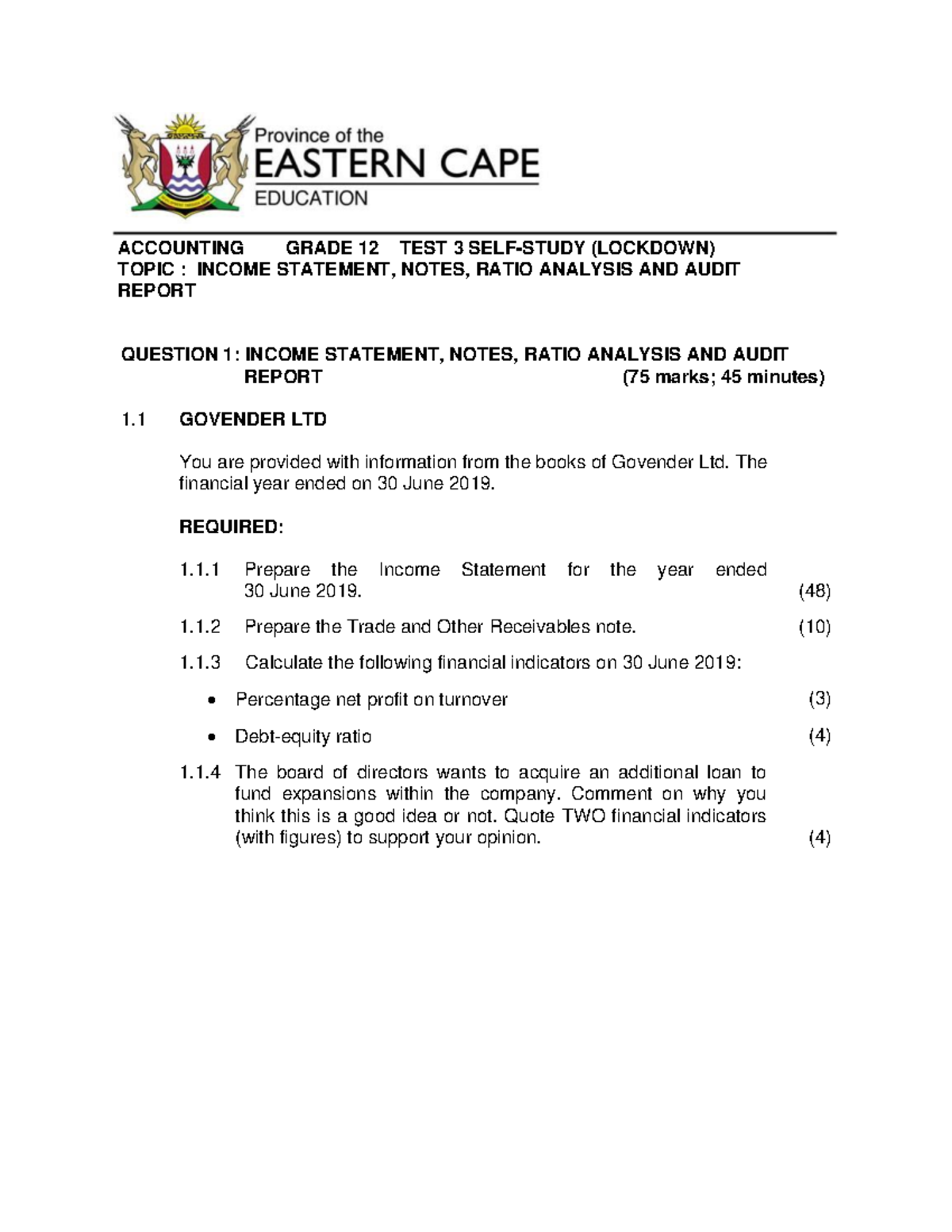 Accounting Grade 12 test 3: Income statement and ratio analysis notes ...