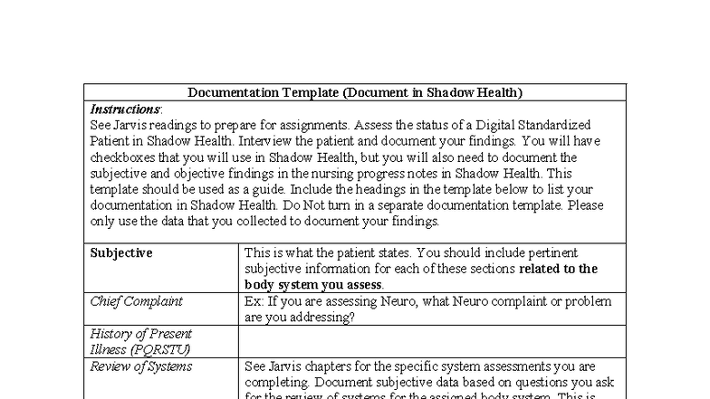 Shadow Health Documentation Template for Nursing Assessments - Studocu