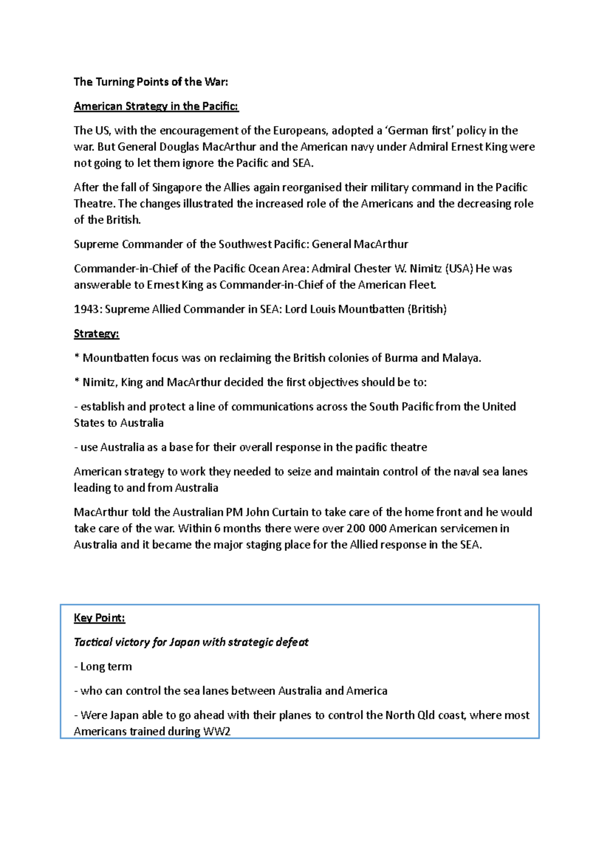 War in the Pacific - the turning points of the war (notes) - The ...