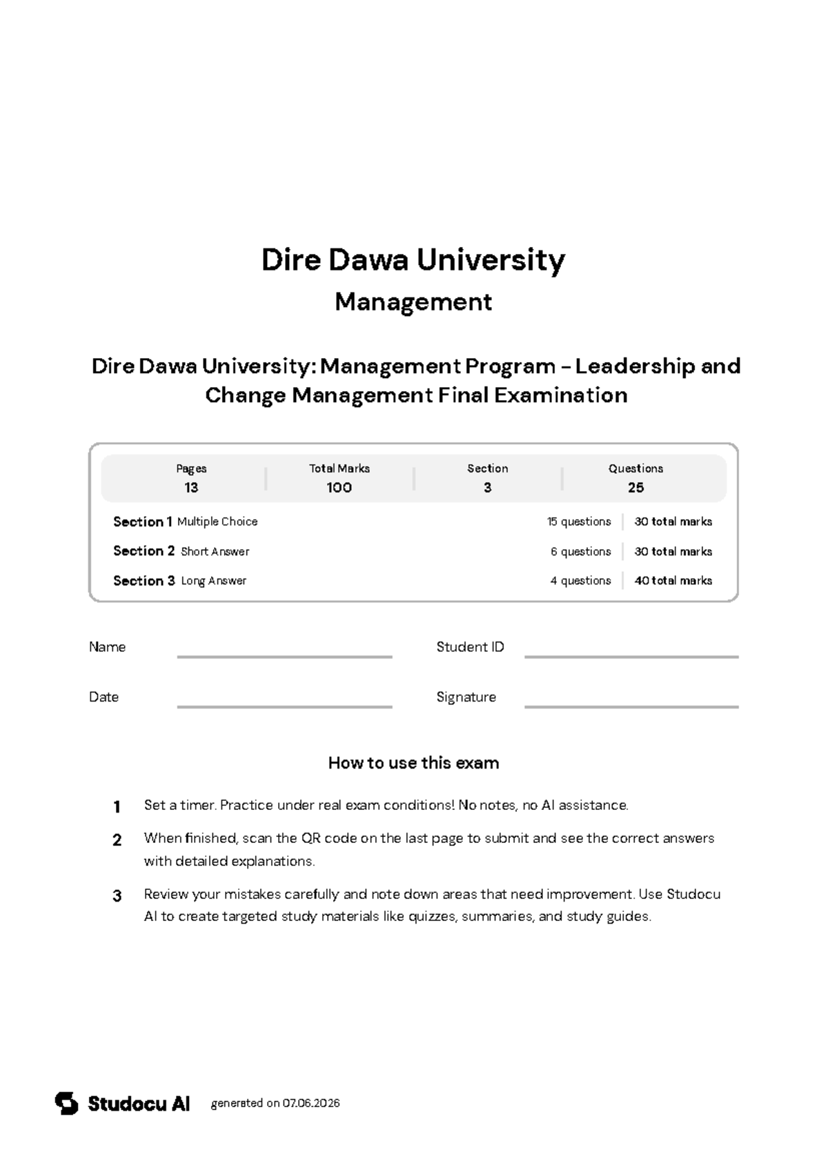 Dire Dawa University: Leadership and Change Management Final Exam - Studocu